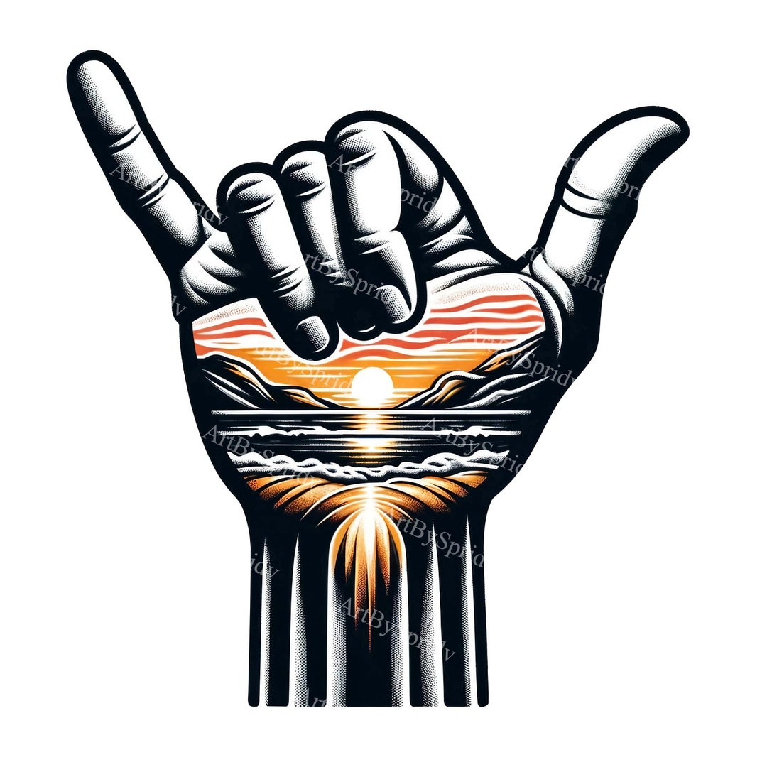 Hang Loose Shaka Sign Clipart: Beach Sunset, Ocean Waves - Digital PNG ...