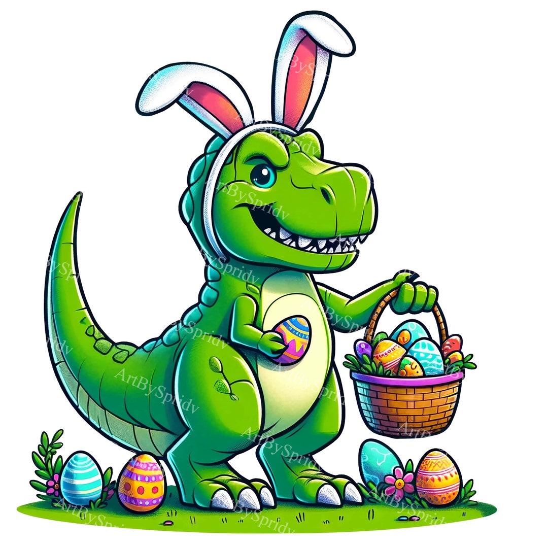 Easter T-rex Dinosaur Clipart With Bunny Ears & Eggs Basket - Digital ...