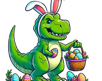 Easter T-rex Dinosaur Clipart With Bunny Ears & Eggs Basket Digital PNG ...