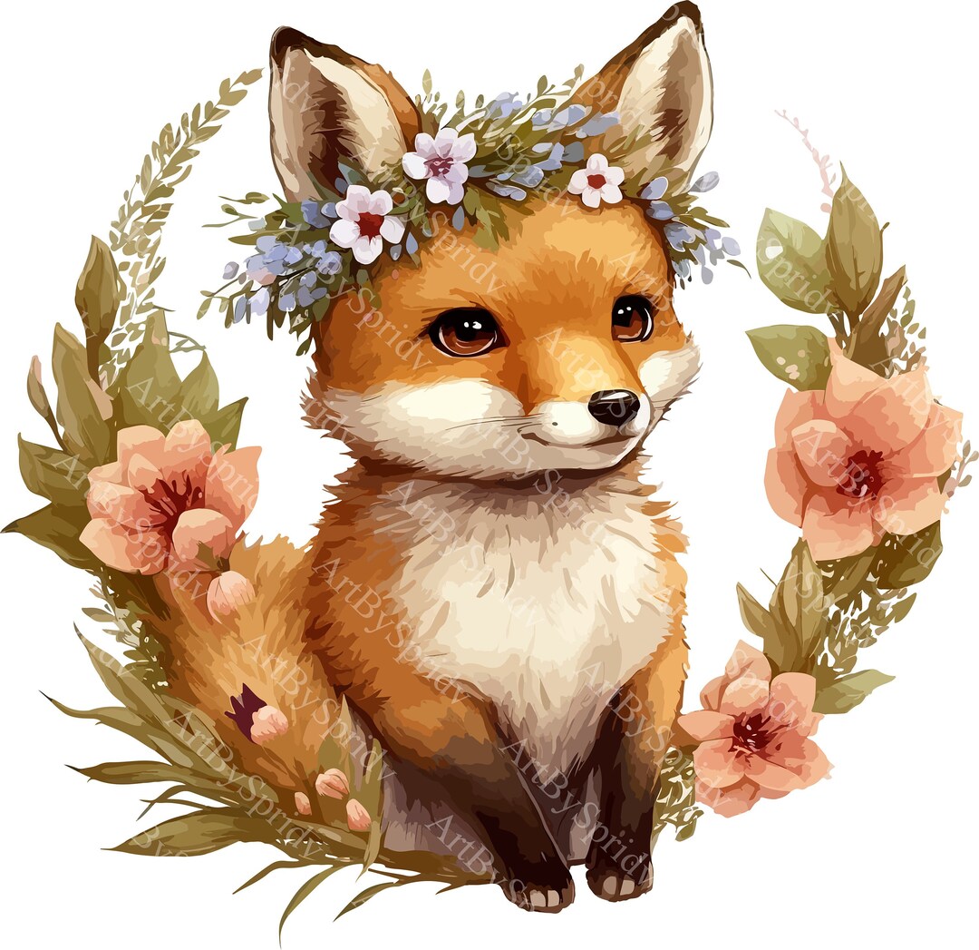Baby Fox With Flower Crown PNG Clipart, Woodland Animal Nursery Clip ...