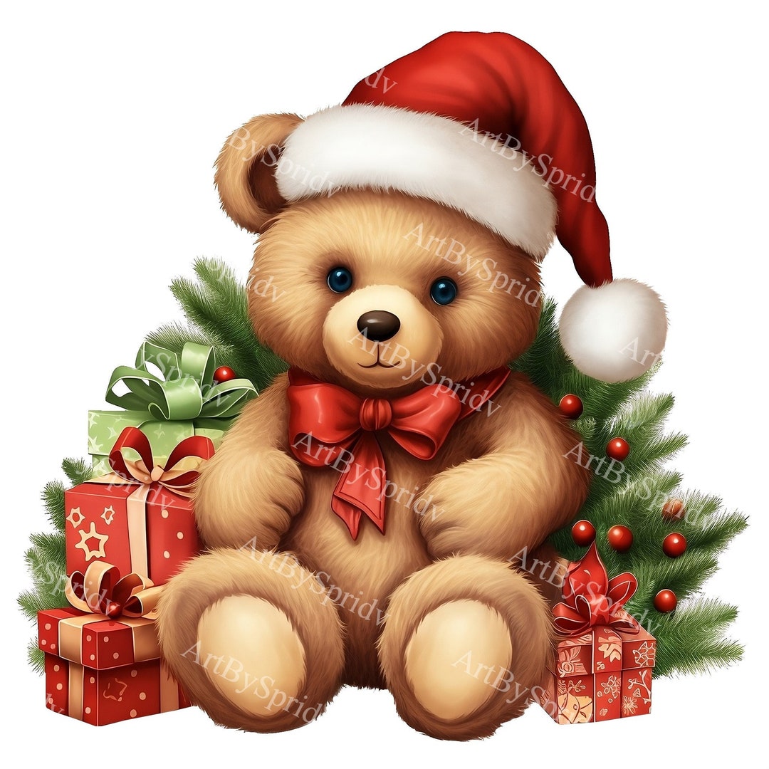 Adorable Christmas Teddy Bear in Santa Hat & Xmas Presents PNG Clipart ...