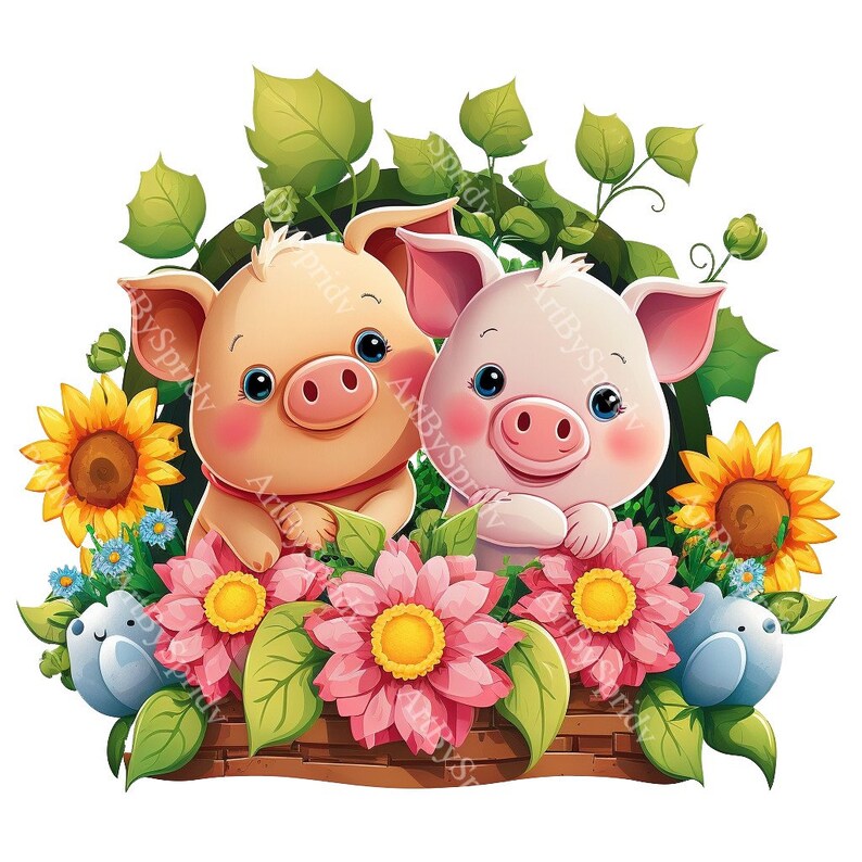 Pigs With Flowers PNG Floral Farm Animal Transparent Clipart - Etsy