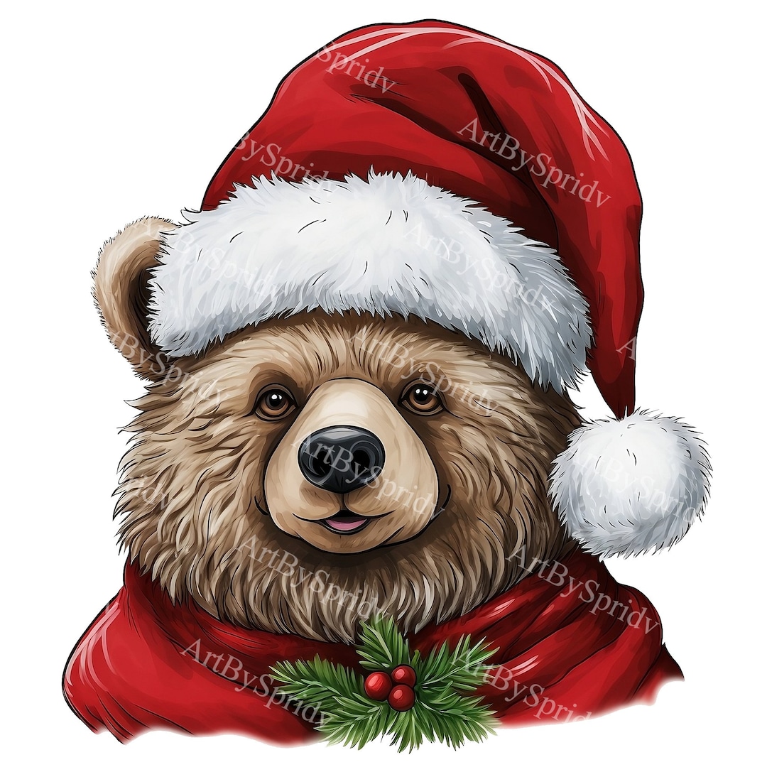 Christmas Bear Clipart,adorable Holiday Bear in Santa Hat Png,festive ...