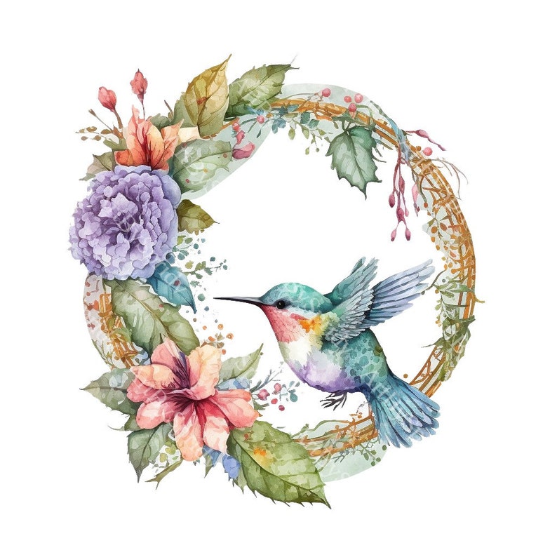 Digital Download Cartoon Hummingbird Wreath With Flowers and Leaves ...