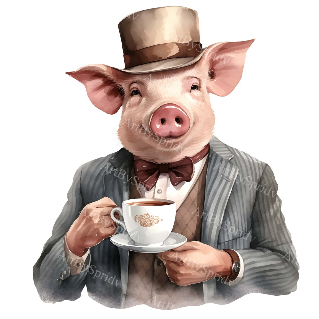 Dapper Pig in Suit & Bowtie Holding Coffee Mug PNG Clipart, Vintage ...