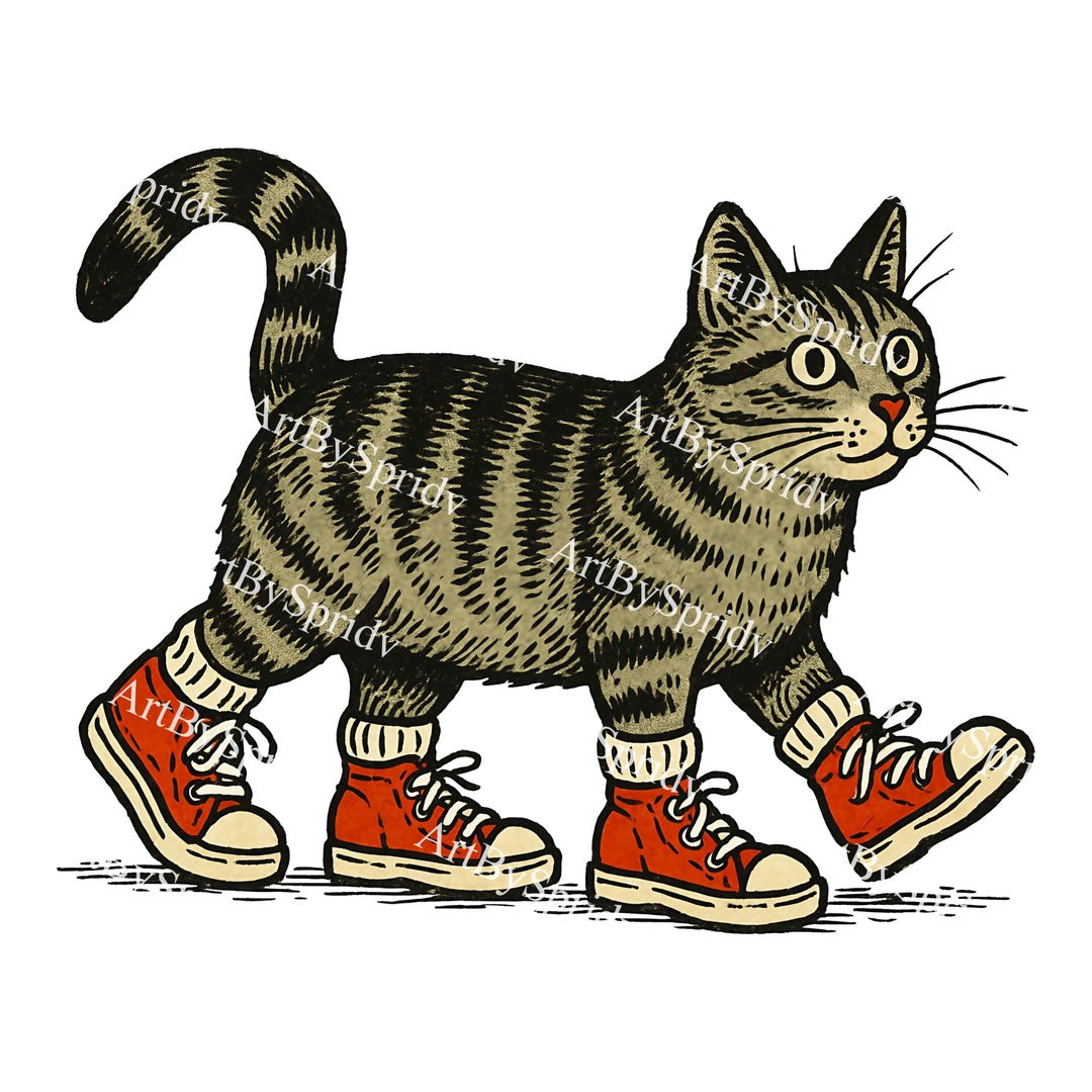 Cool Cat Walking in Sneakers PNG, Funny Tabby Cat Clipart With Red ...