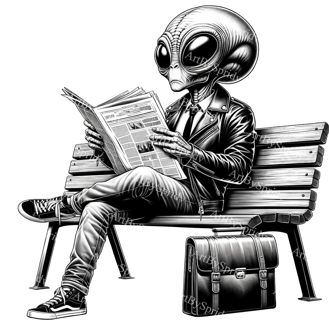 Alien Reading Newspaper Clipart-black&white Extraterrestrial Image-sci ...