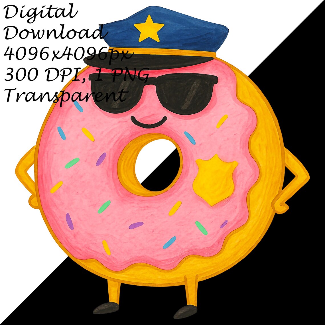 Funny Donut Police PNG Clipart With Pink Frosting and Sunglasses, Cute ...