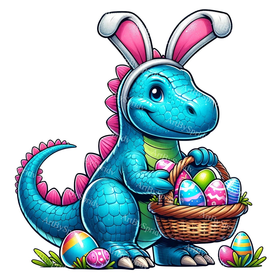 Easter T-rex Dinosaur Clipart With Bunny Ears & Basket - PNG for DTG ...