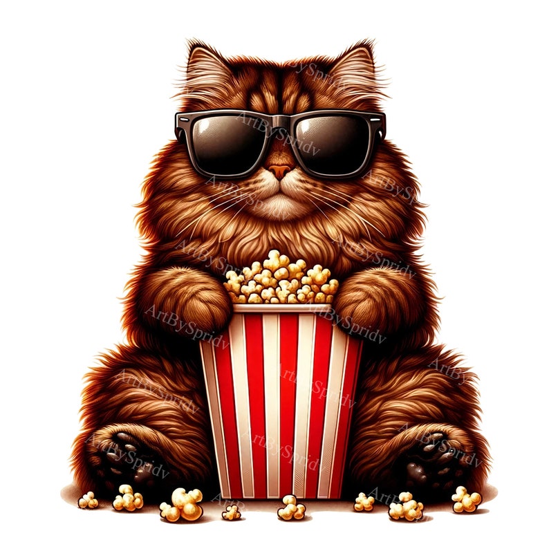 Cute Cat With Sunglasses & Popcorn Box Clipart - Watercolor Digital PNG ...