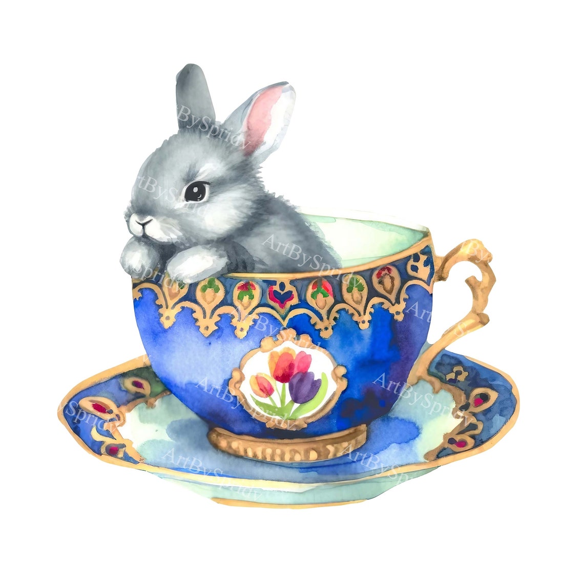 Adorable Bunny in Ornate Teacup Clipart - Watercolor Rabbit Digital PNG ...