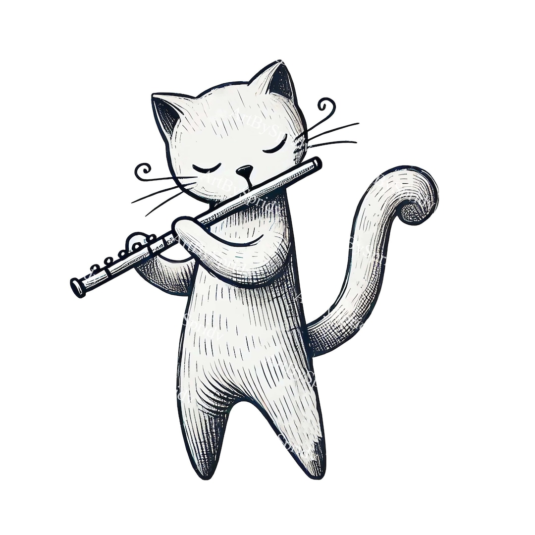 Hand-drawn Cat Playing Flute Transparent PNG Clipart, Musical Animal ...