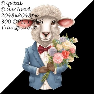 Dapper Sheep With Bowtie Holding Floral Bouquet PNG Clipart, Whimsical ...