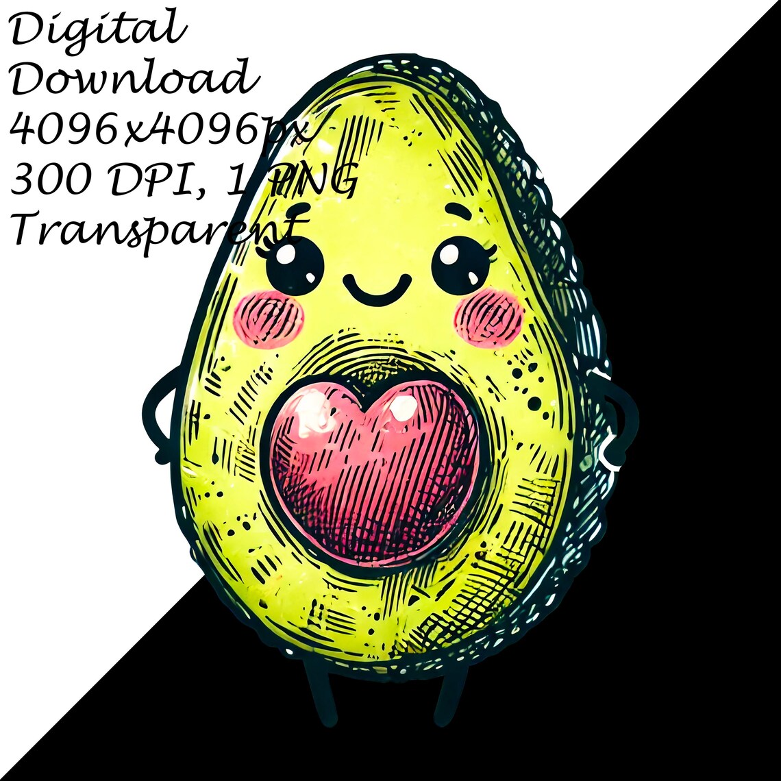 Cute Avocado Cartoon Transparent PNG Clipart With Heart Pit – Digital ...