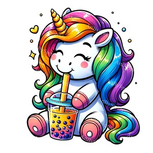 Adorable Rainbow Unicorn Clipart With Bubble Tea - Colorful Transparent ...