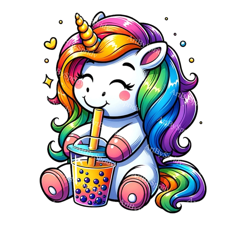 Adorable Rainbow Unicorn Clipart With Bubble Tea - Colorful Transparent ...