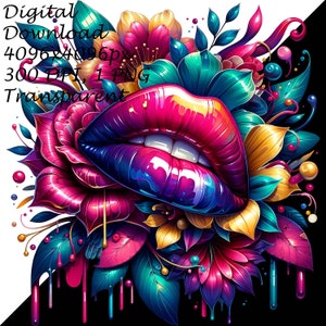 Floral Lips Clipart - Glossy Lips With Flowers PNG for DTG, T-shirts ...