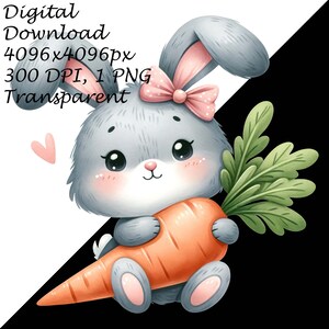 Watercolor Bunny Clipart With Bow & Carrot - Cute Rabbit Digital PNG ...