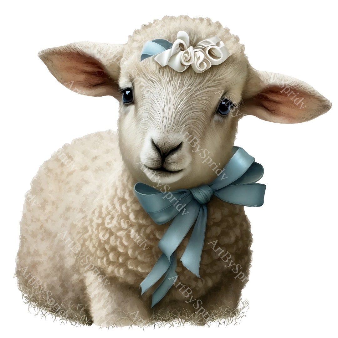 Adorable Baby Lamb Clipart With Blue Bow Transparent PNG Farm Sheep ...