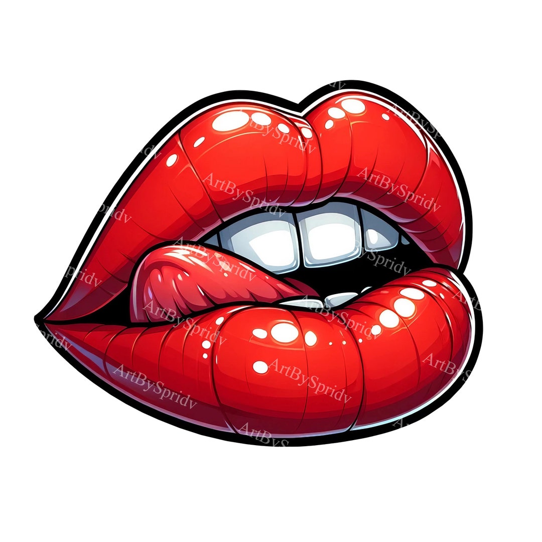 Playful Lips With Teeth Biting Tongue Clipart - Digital PNG for DTG Printable T-shirt, Mug ...
