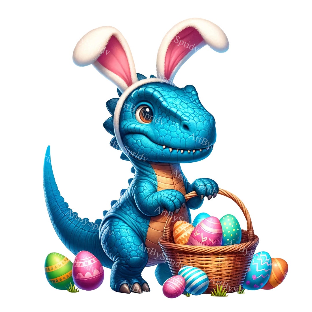 Easter T-rex Dinosaur Clipart With Bunny Ears & Basket - PNG for DTG, Mugs, Tumblers ...