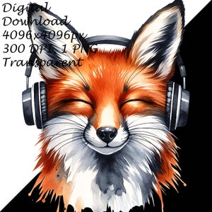 Red Fox Digital Clipart PNG - Music-themed Fox With Headphones for DTG ...