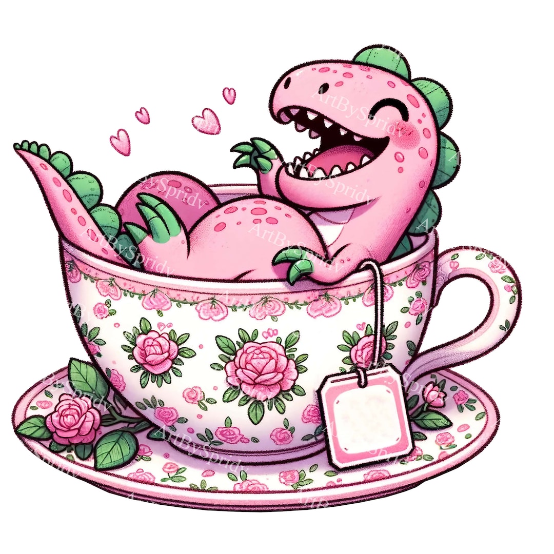 Adorable Pink Dinosaur Tea Party Clipart - Transparent T-rex Dino PNG ...