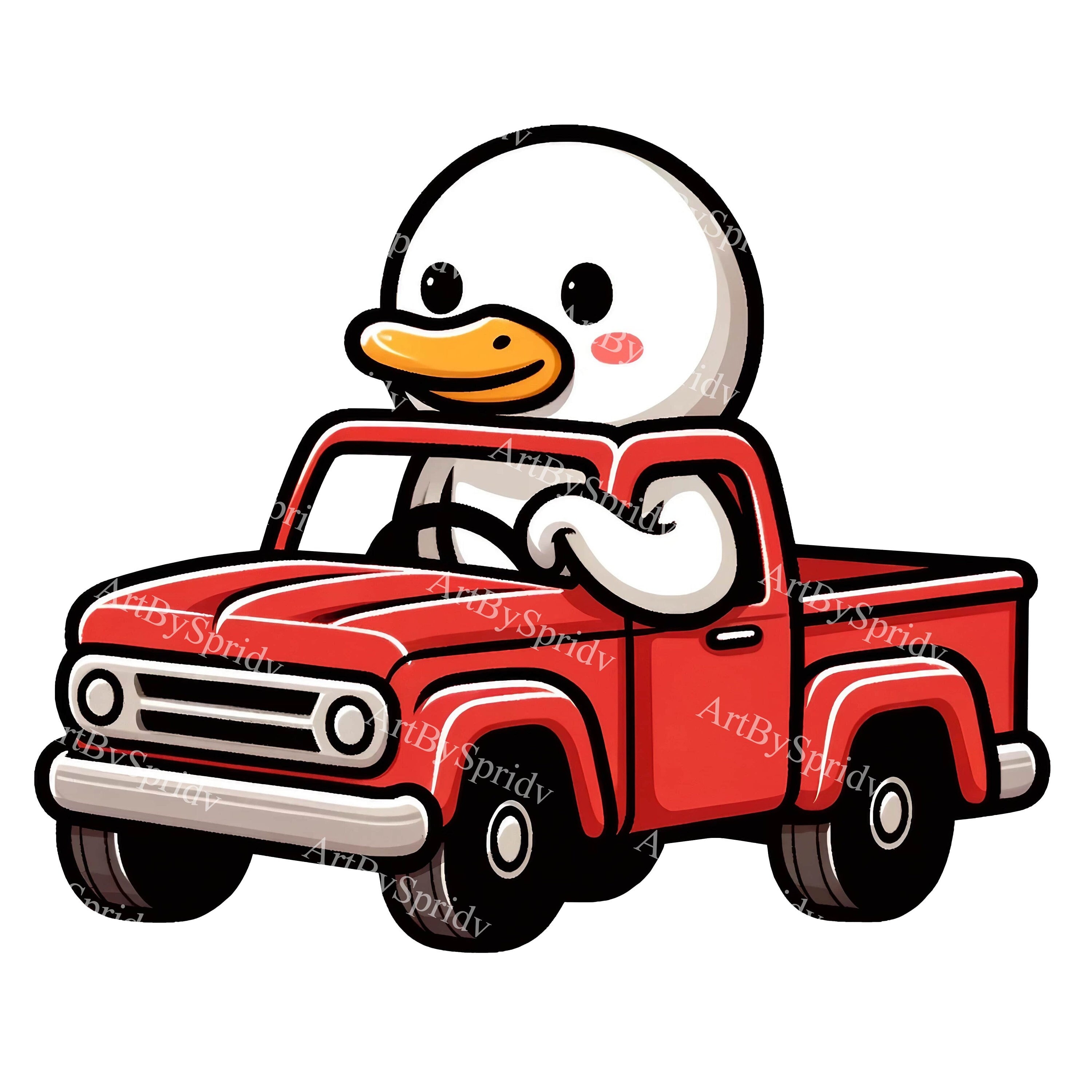 Cheerful Duck Driving Vintage Red Pickup Truck PNG Clipart Cute Digital ...
