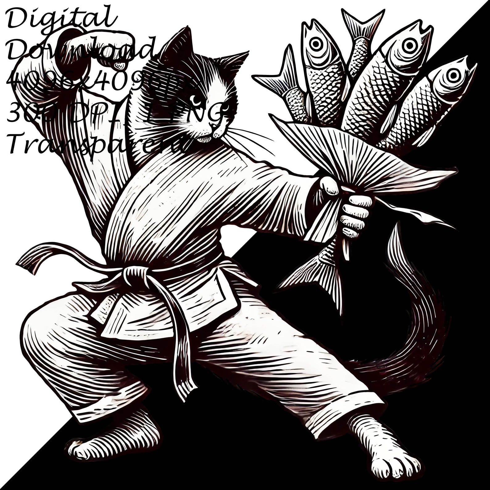 Karate Cat PNG, Martial Arts Cat Illustration, Funny Samurai Cat With ...