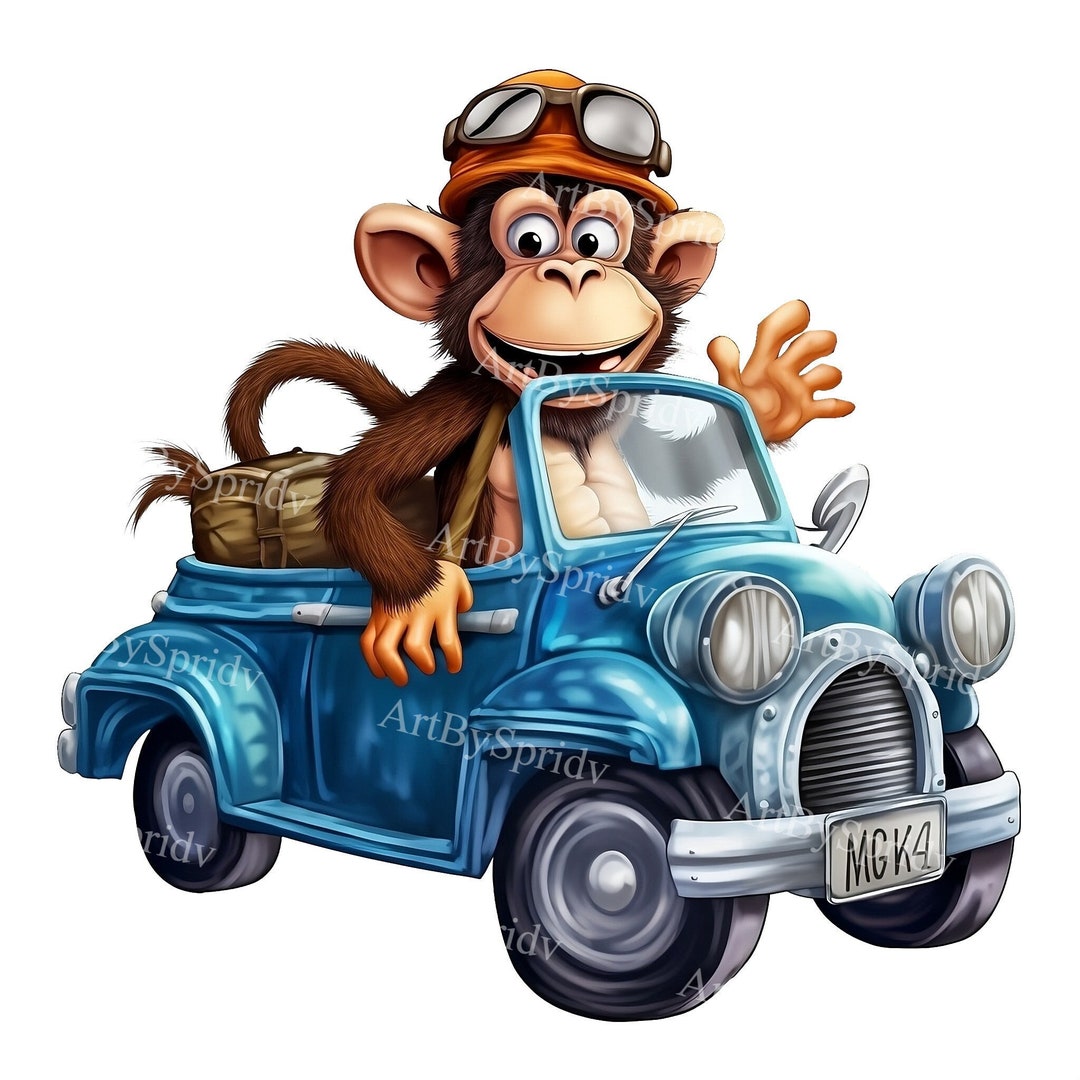Cute Monkey Driving A Car Transparent PNG Animal Clipart, Kids/adults ...