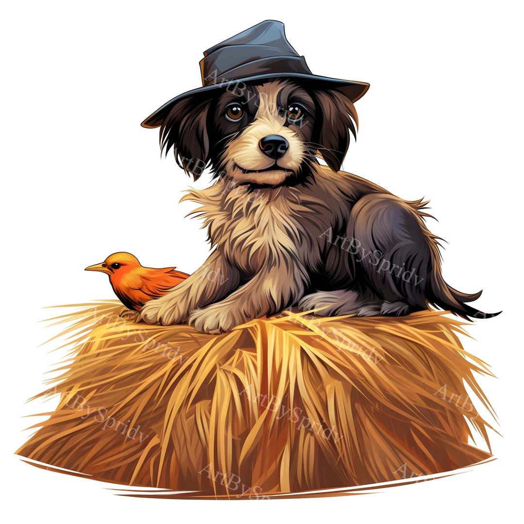 Dog in Cowboy Hat Sitting on Haystack With Bird PNG Clipart, Rustic ...