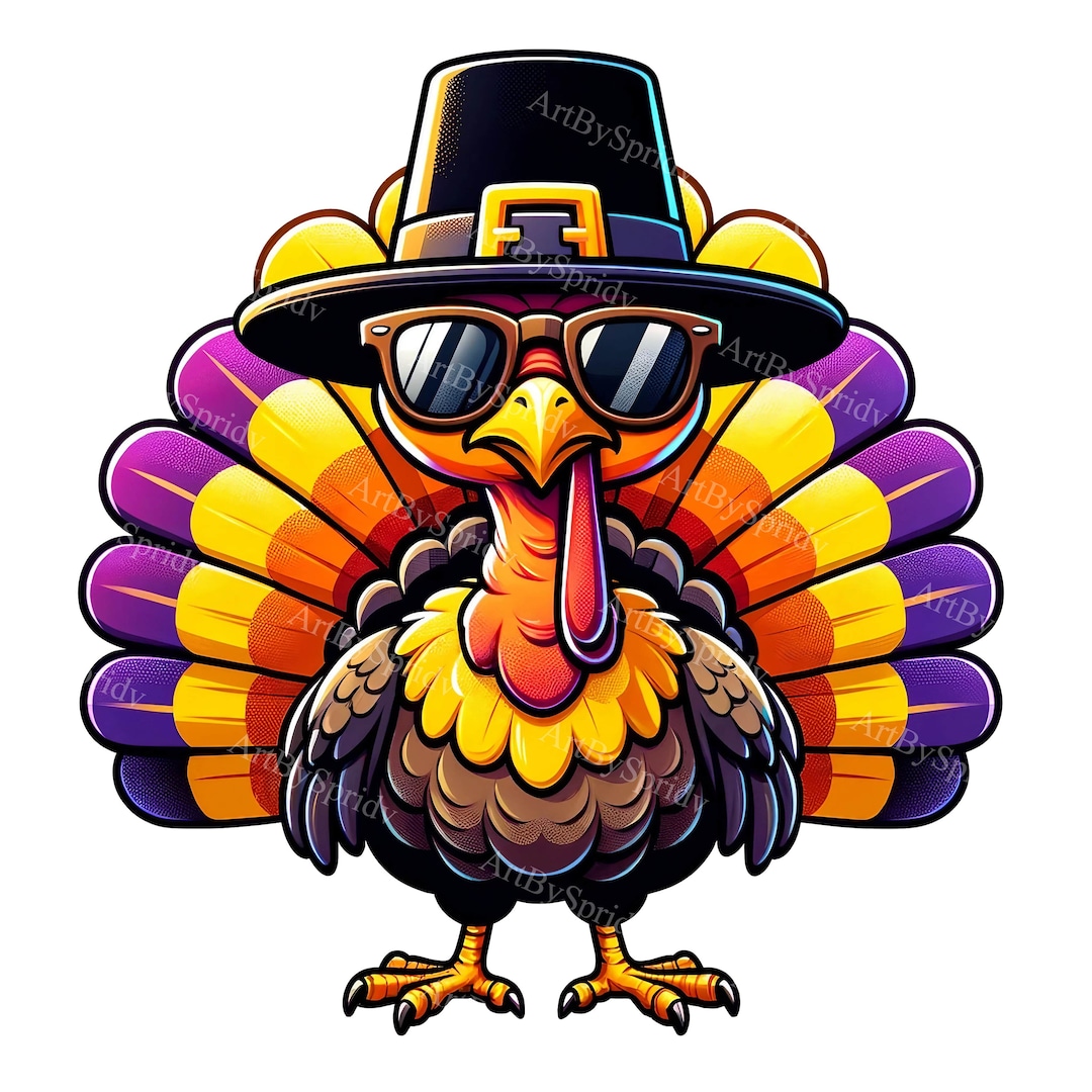 Thanksgiving Clipart: Funky Turkey in Pilgrim Hat,colorful Sunglasses ...
