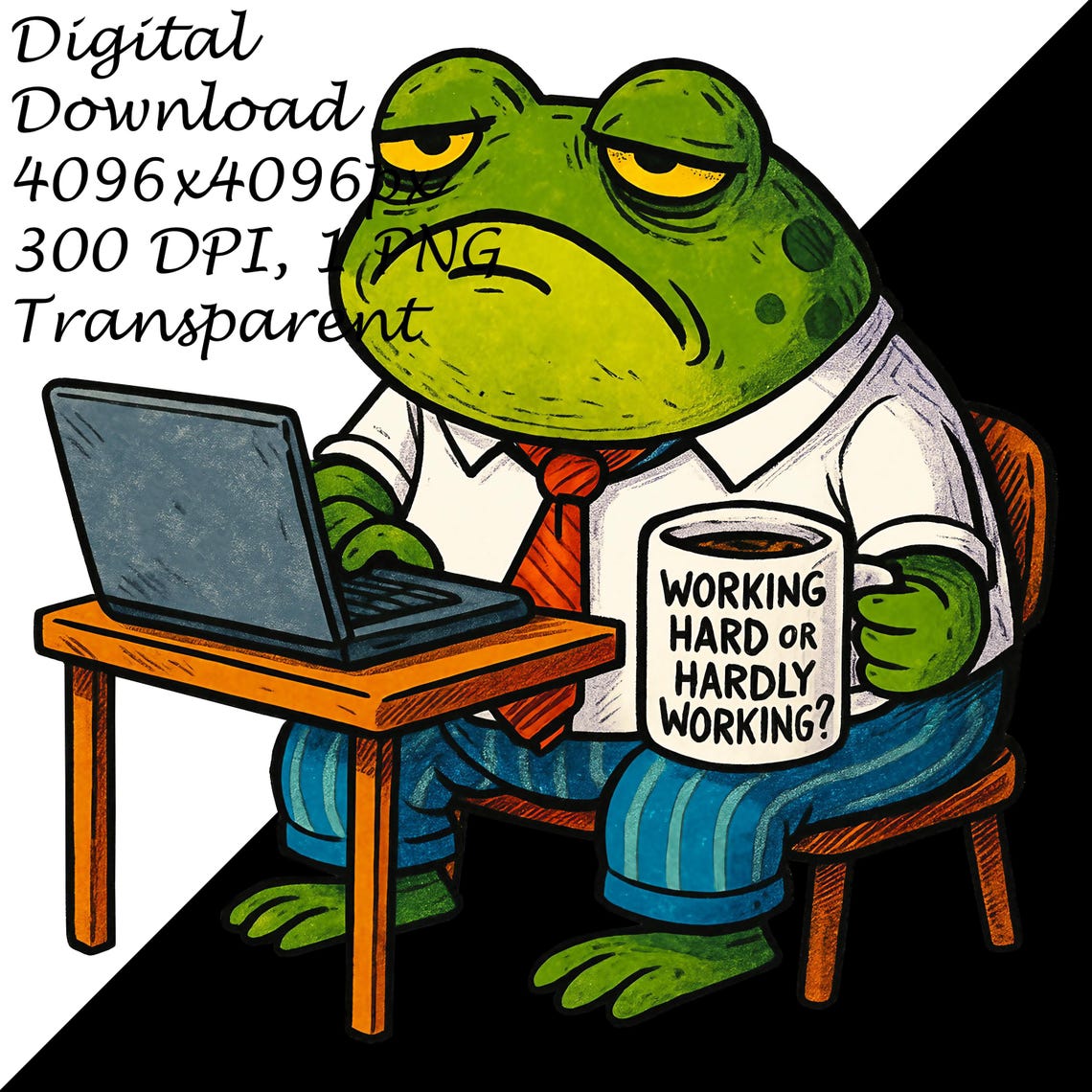 Funny Office Frog PNG Clipart, Grumpy Frog at Laptop With Coffee Cup ...