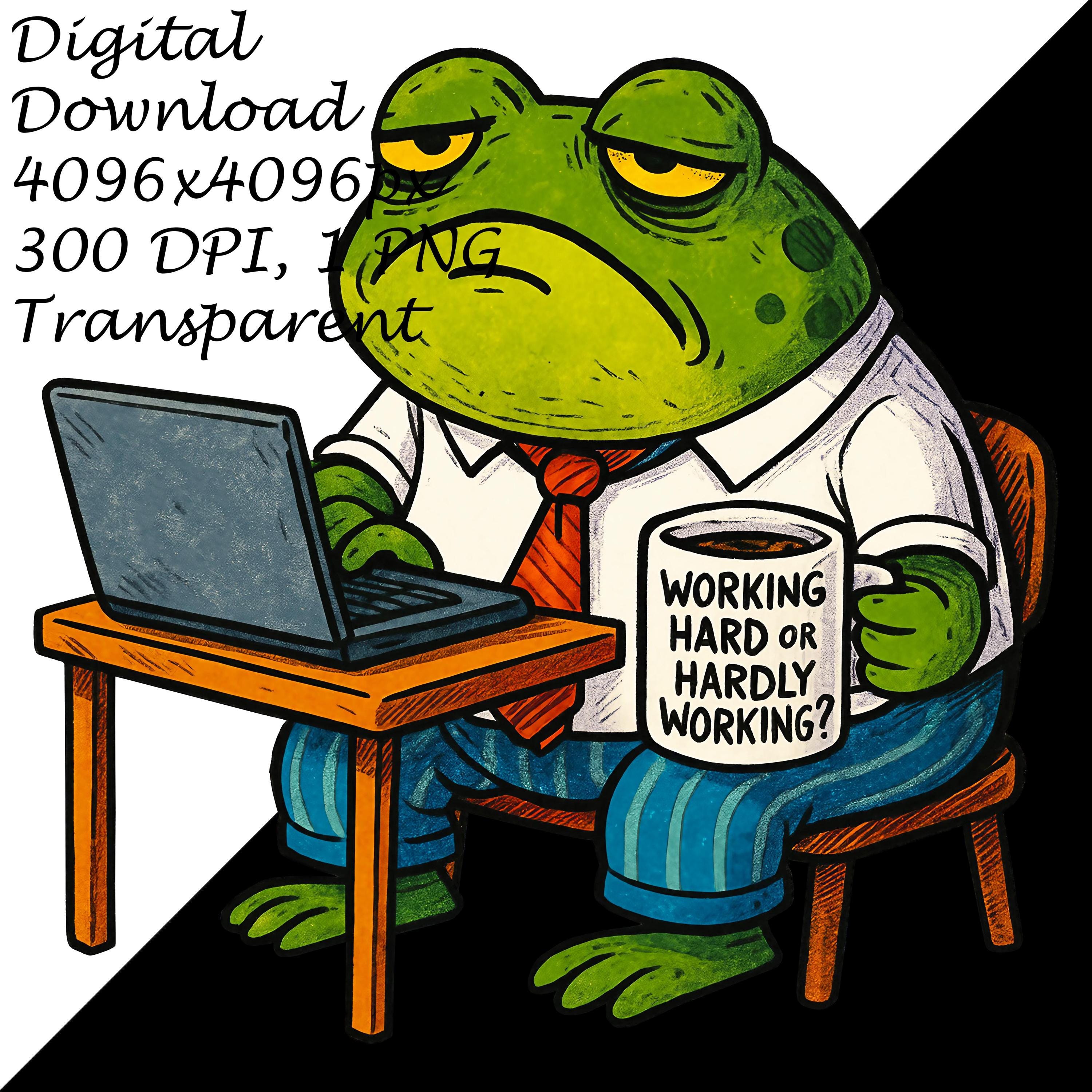 Funny Office Frog PNG Clipart, Grumpy Frog at Laptop With Coffee Cup ...