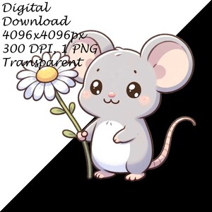 Cartoon Mouse With Daisy Flower Clipart - Watercolor Illustration PNG ...