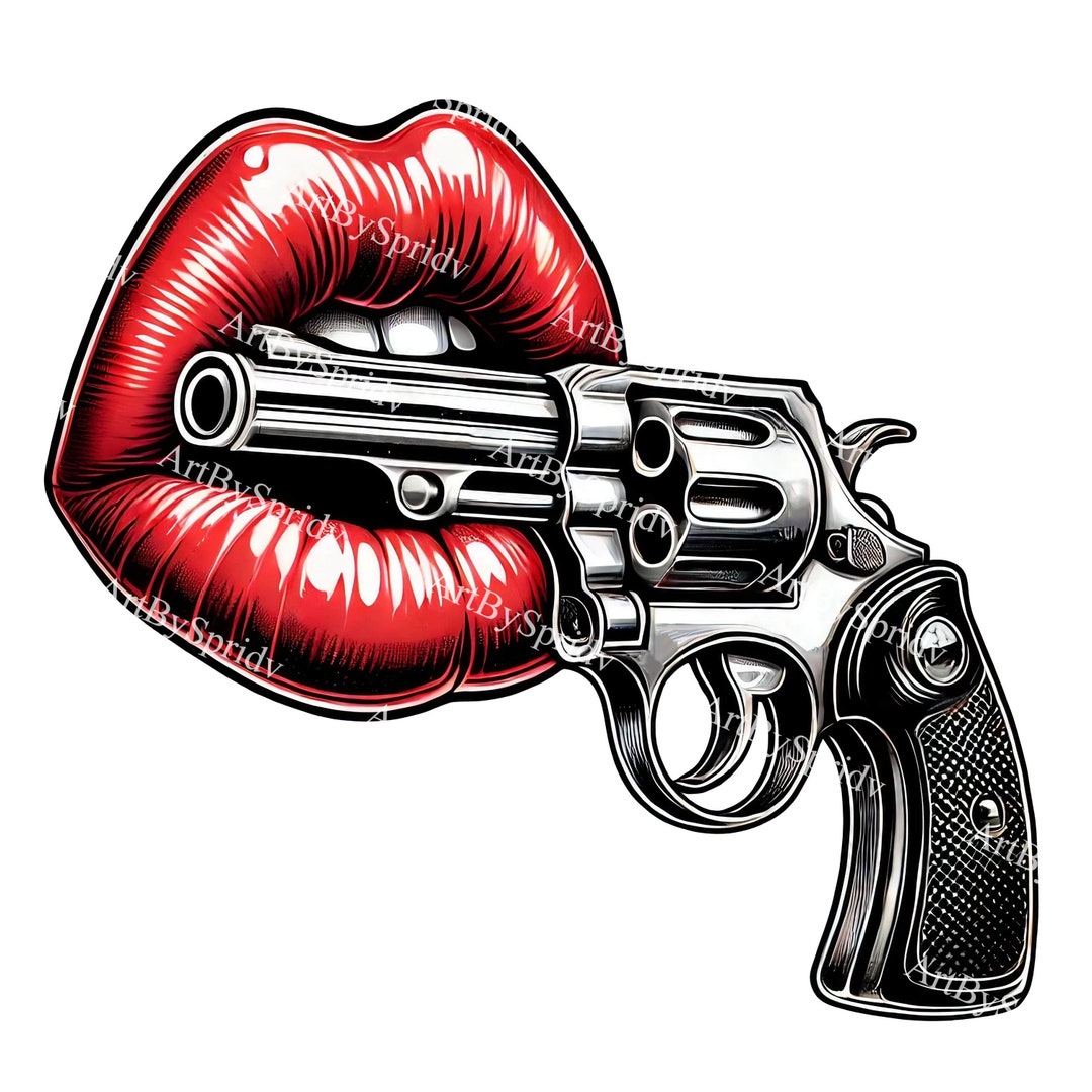 Bold Red Lips With Revolver Gun PNG Clipart, Edgy Femme Fatale Digital ...