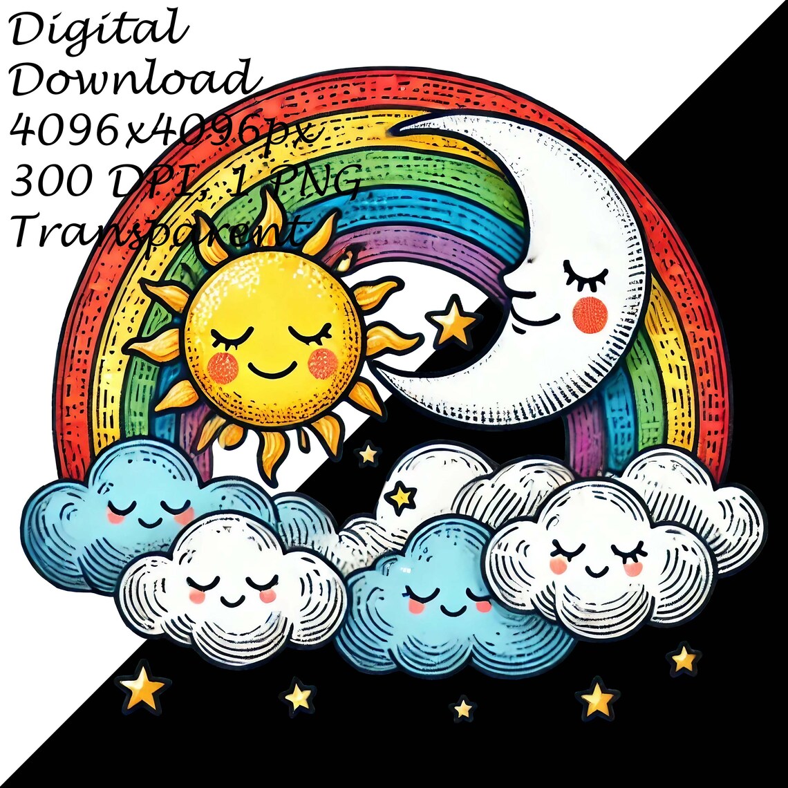 Whimsical Sun & Moon With Rainbow, Clouds PNG Clipart, Cute Weather ...