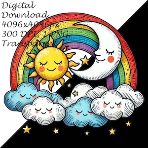 Whimsical Sun & Moon With Rainbow, Clouds PNG Clipart, Cute Weather ...