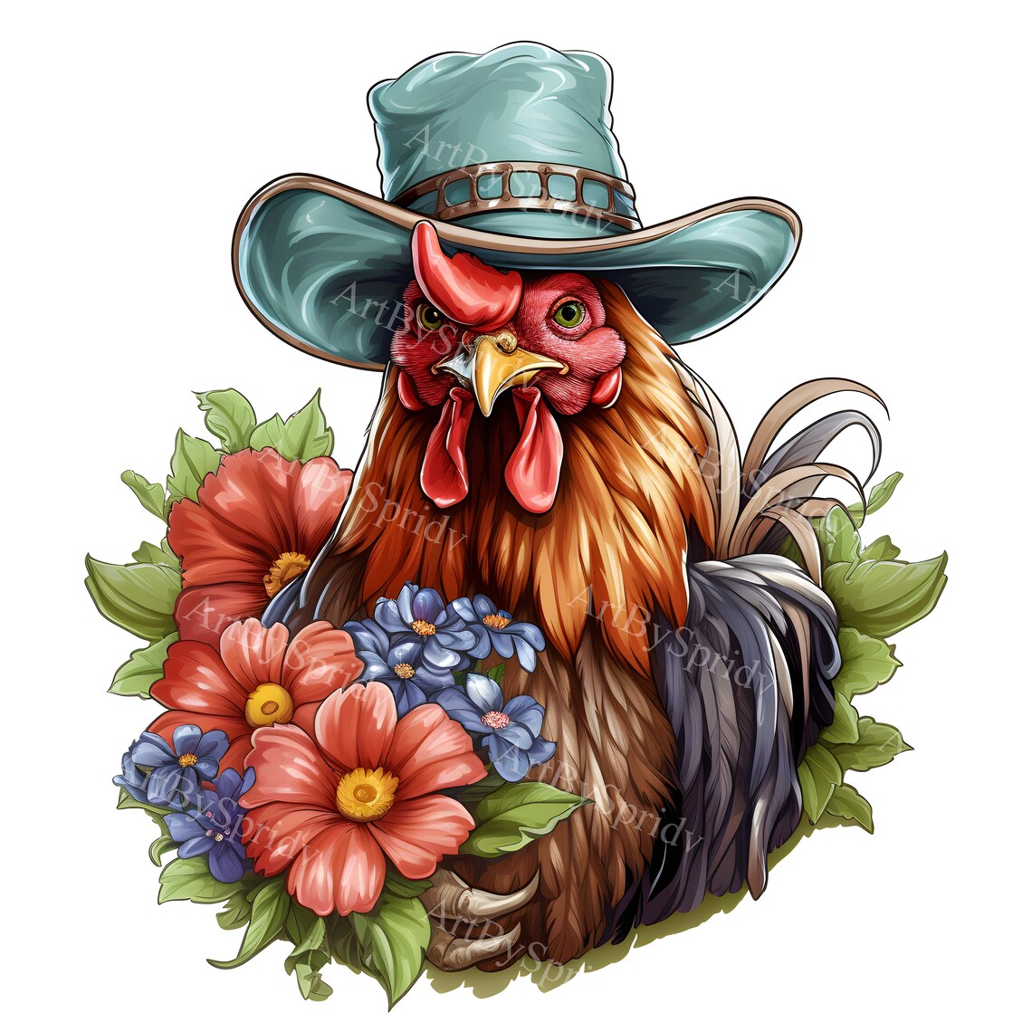 Rooster With Cowboy Hat & Floral Arrangement, Rustic Farmhouse Animal ...