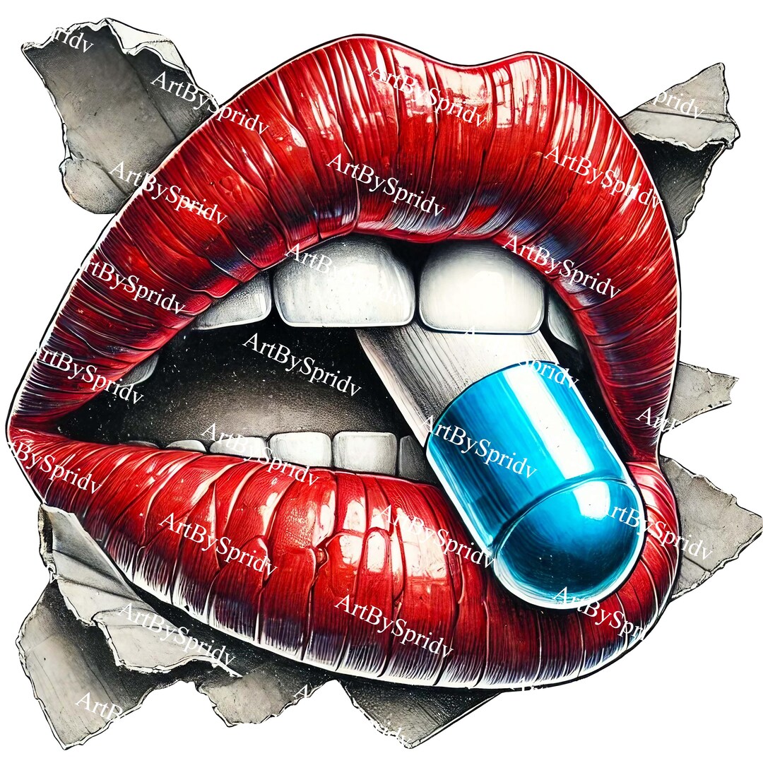 Bold Red Lips With Blue Pill PNG, Edgy Pop Art Style Clipart, Grunge ...