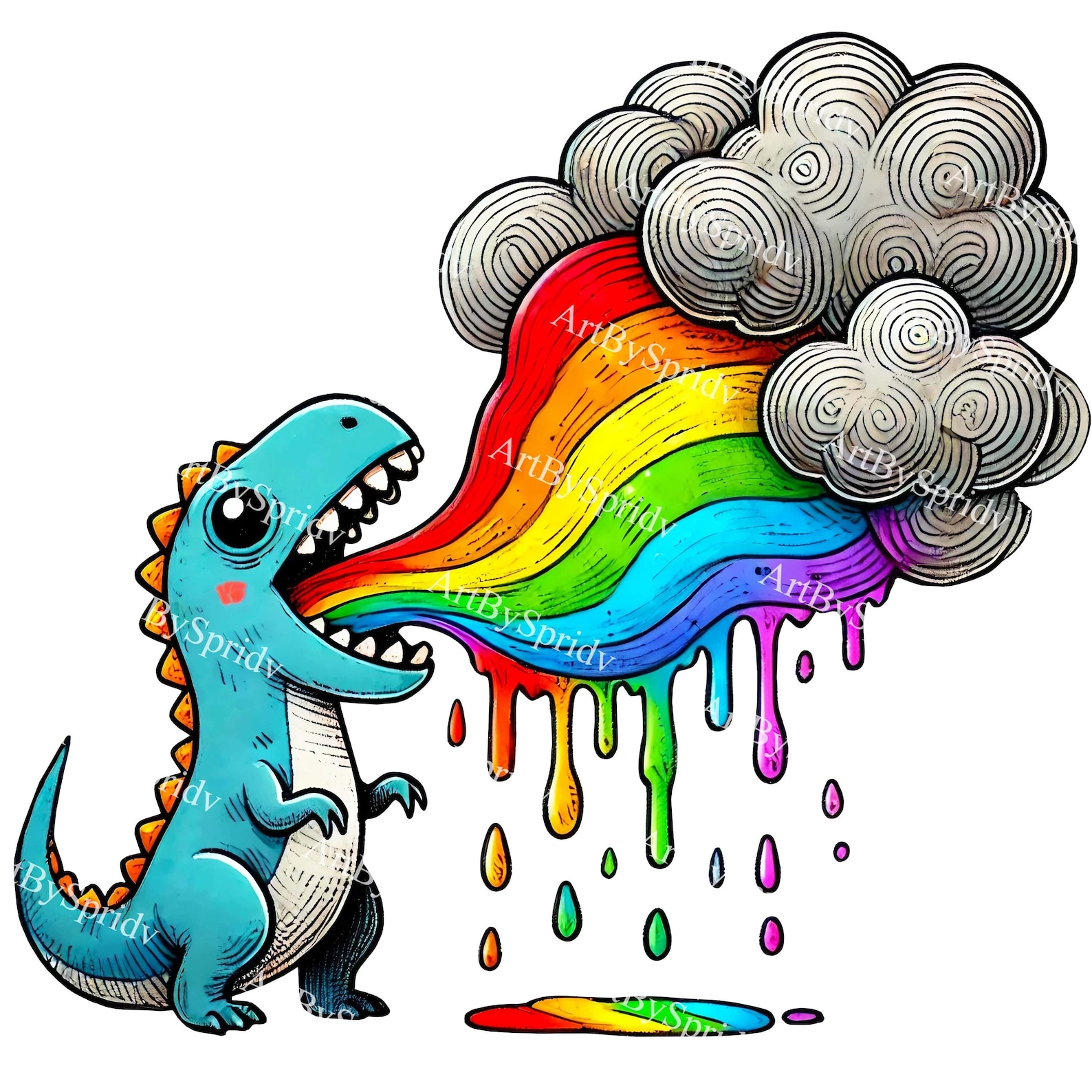 Dinosaur Breathing Rainbow to Cloud PNG Clipart,cute T-rex Dino ...