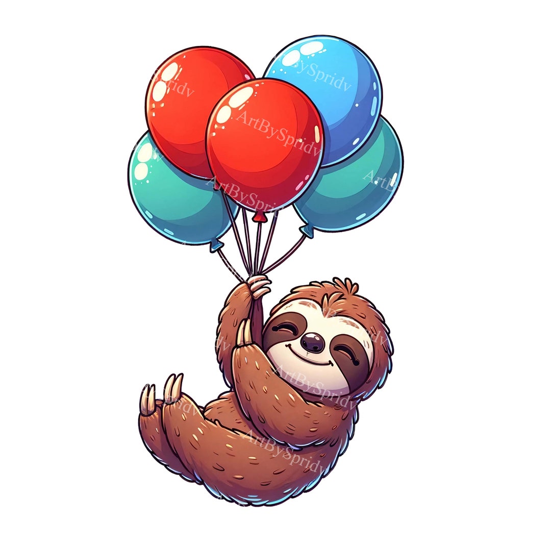 Cute Happy Sloth & Colorful Balloons Clipart - Digital PNG for DTG, T ...