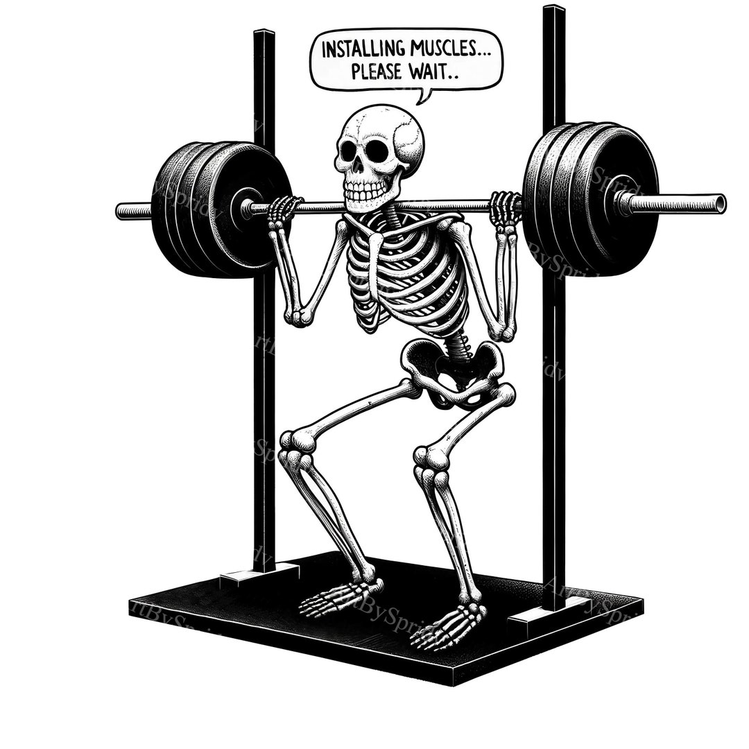 Skeleton Lifting Barbell Clipart - Muscle Building PNG, Gym Humor, DTG ...