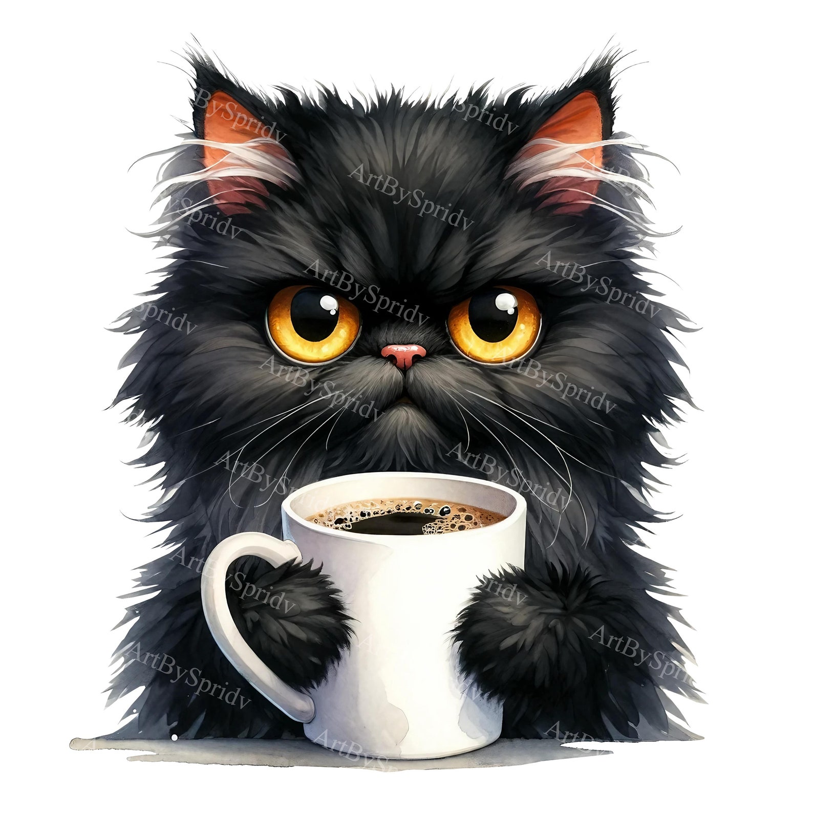Grumpy Black Cat Clipart With Coffee Cup - Digital PNG for DTG ...