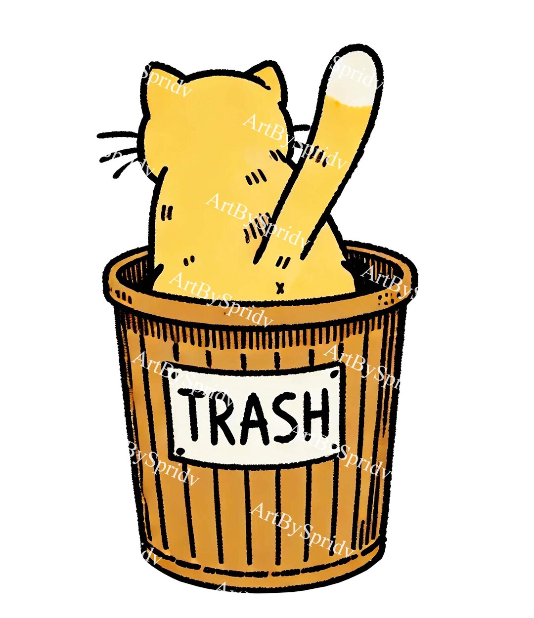 Trash Cat Illustration – Cute Cartoon Kitten in Trash Can – Humorous ...