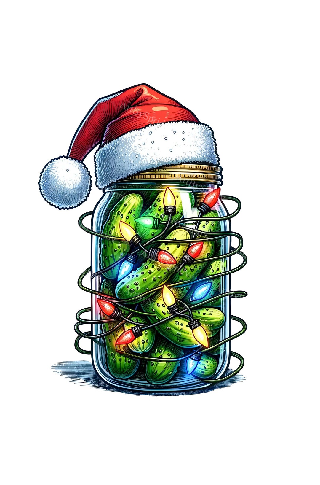 Christmas Pickles Clipart - Glass Jar With Green Pickles & Colorful Lights - PNG for DTG, T ...