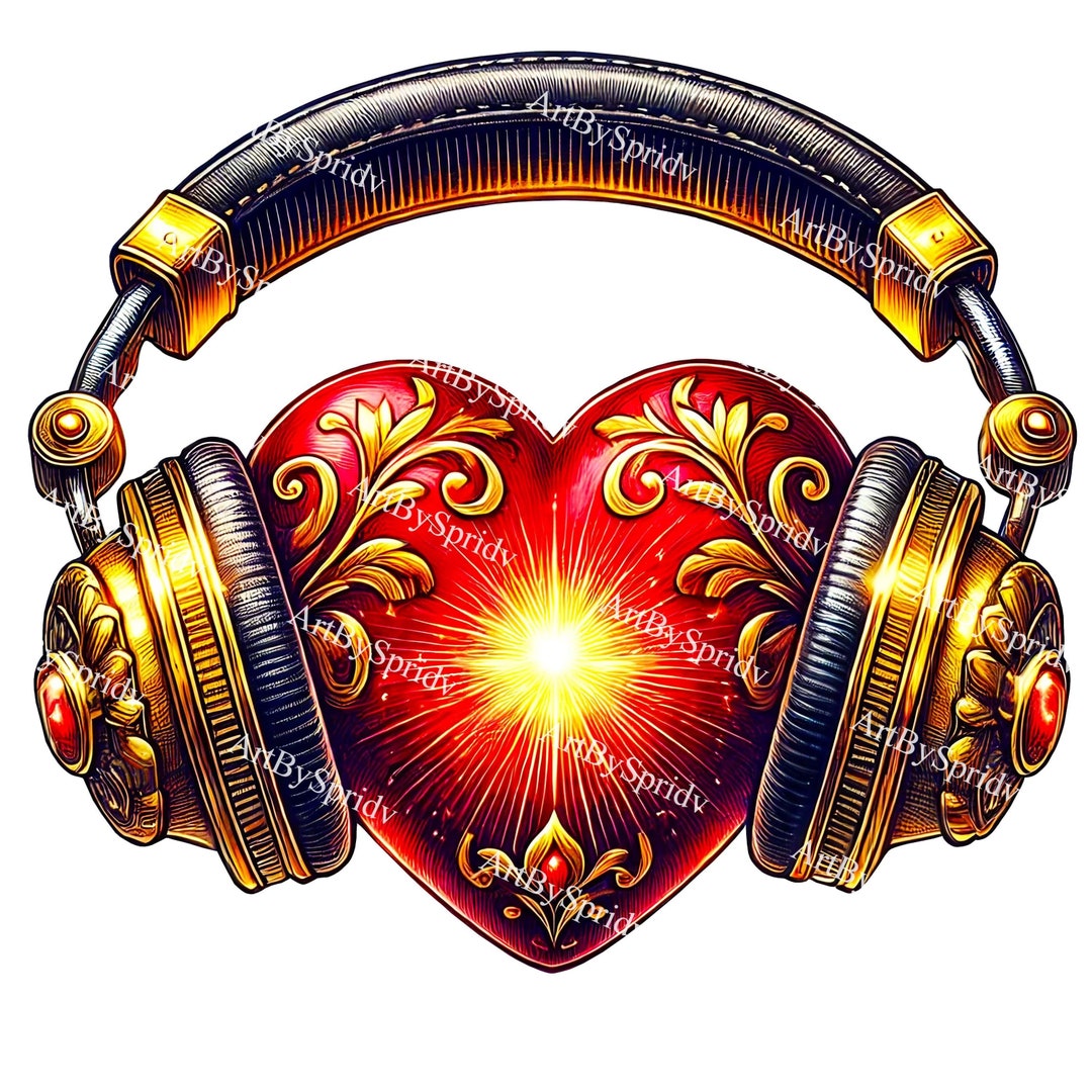 Romantic Heart Headphones Clipart PNG, Vintage Red Gold Heart Art ...