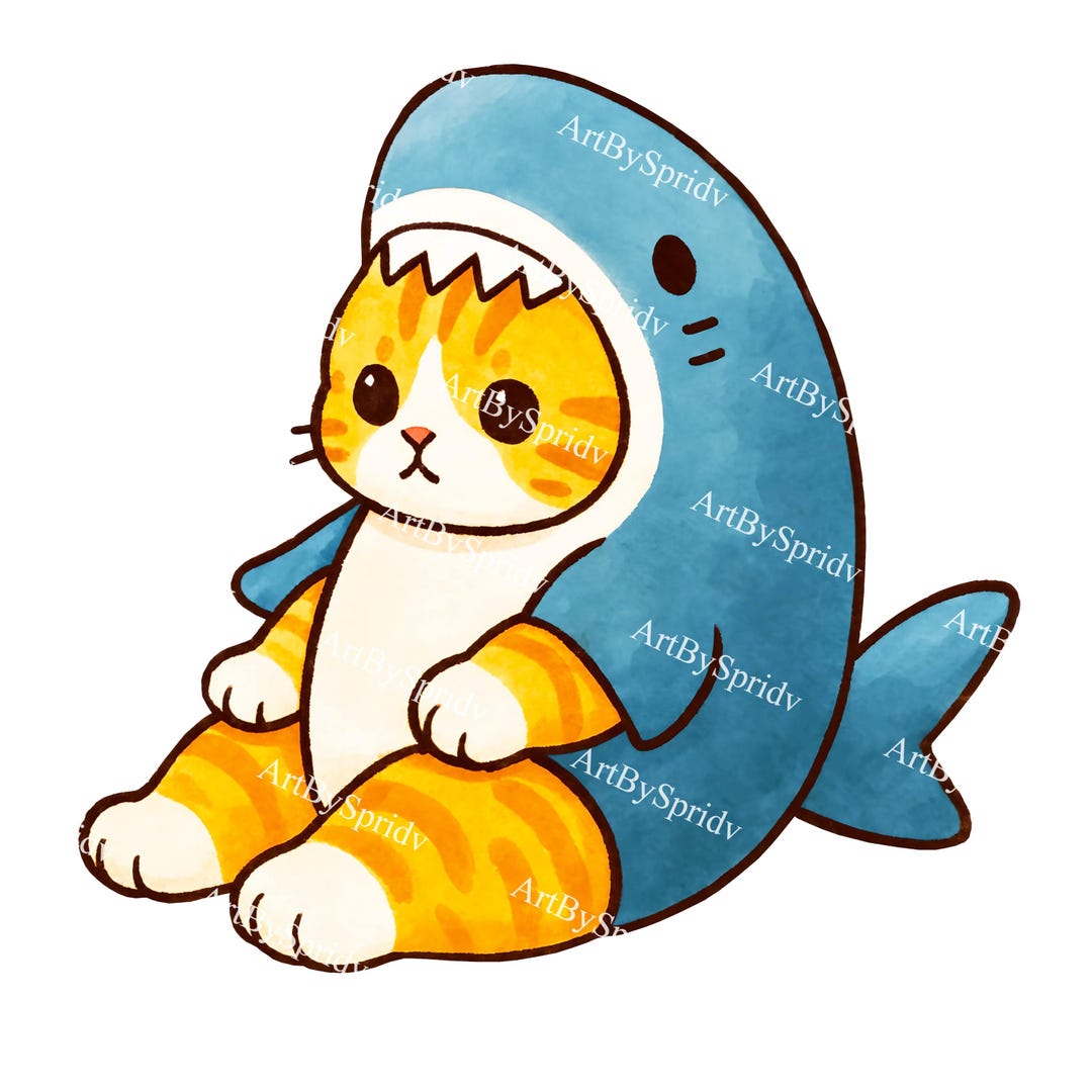 Kawaii Cat in Shark Costume Clipart Transparent PNG | Cute Shark Suit ...