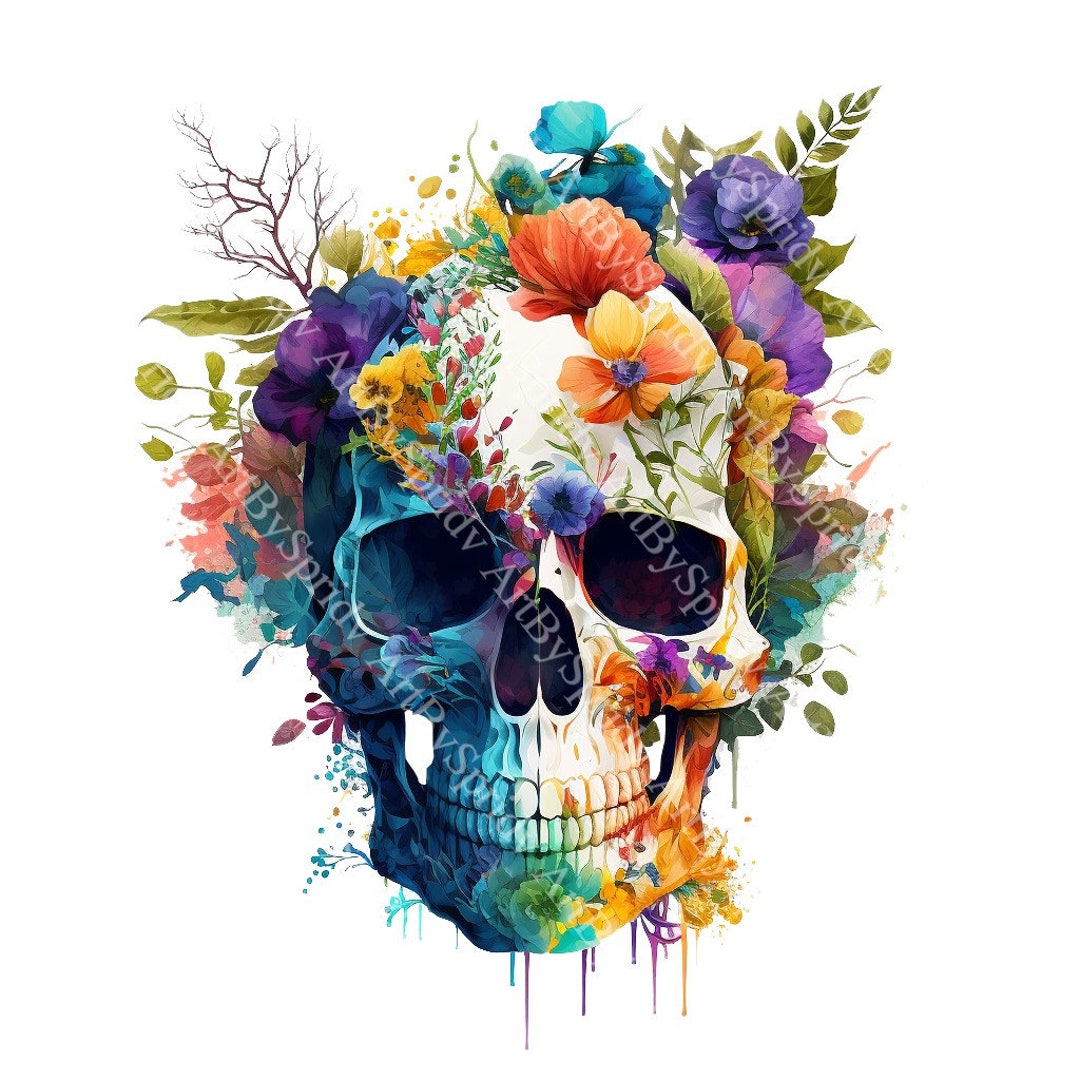 Colorful Sugar Skull With Flowers Clipart - Transparent PNG for ...