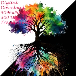 Watercolor Rainbow Tree Clipart - Abstract Colorful Tree With Roots PNG ...